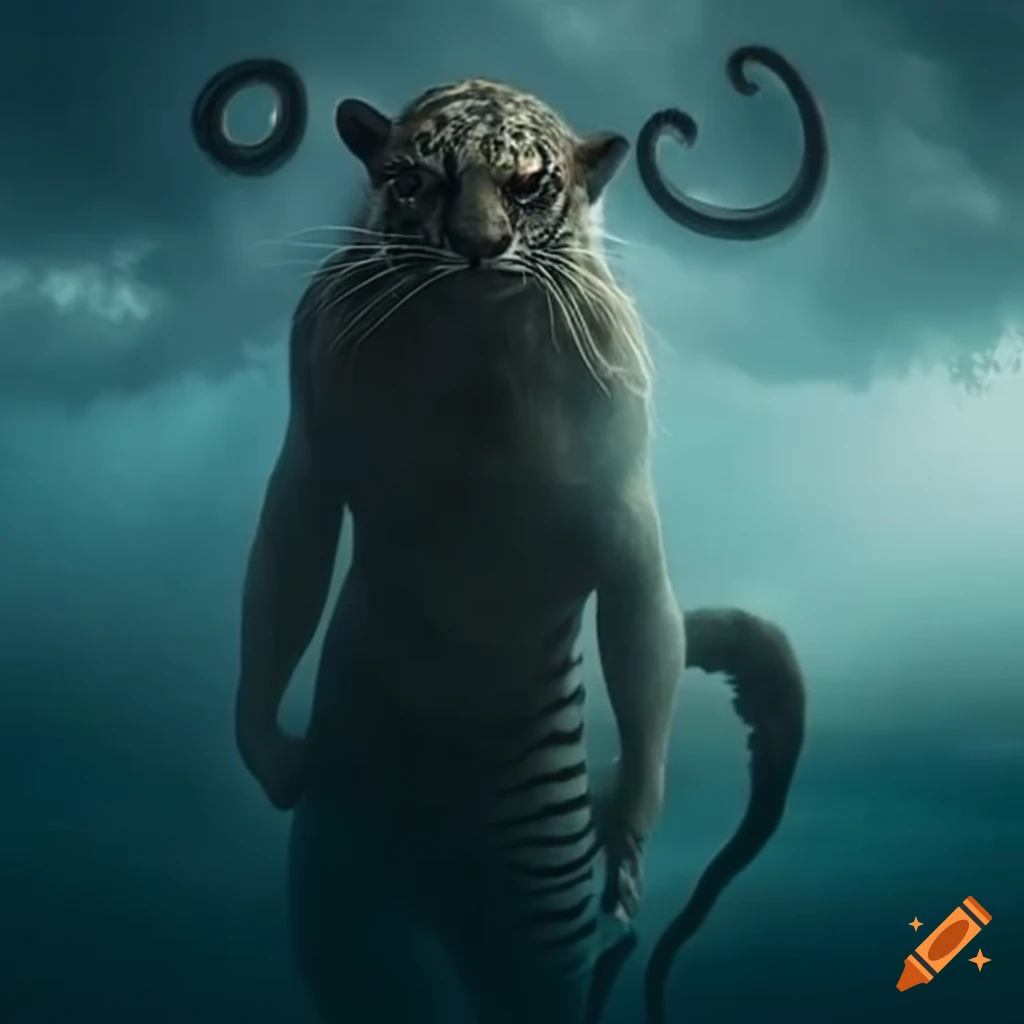 Tidal Tiger, a menacing human-tiger hybrid against stormy seas on Craiyon