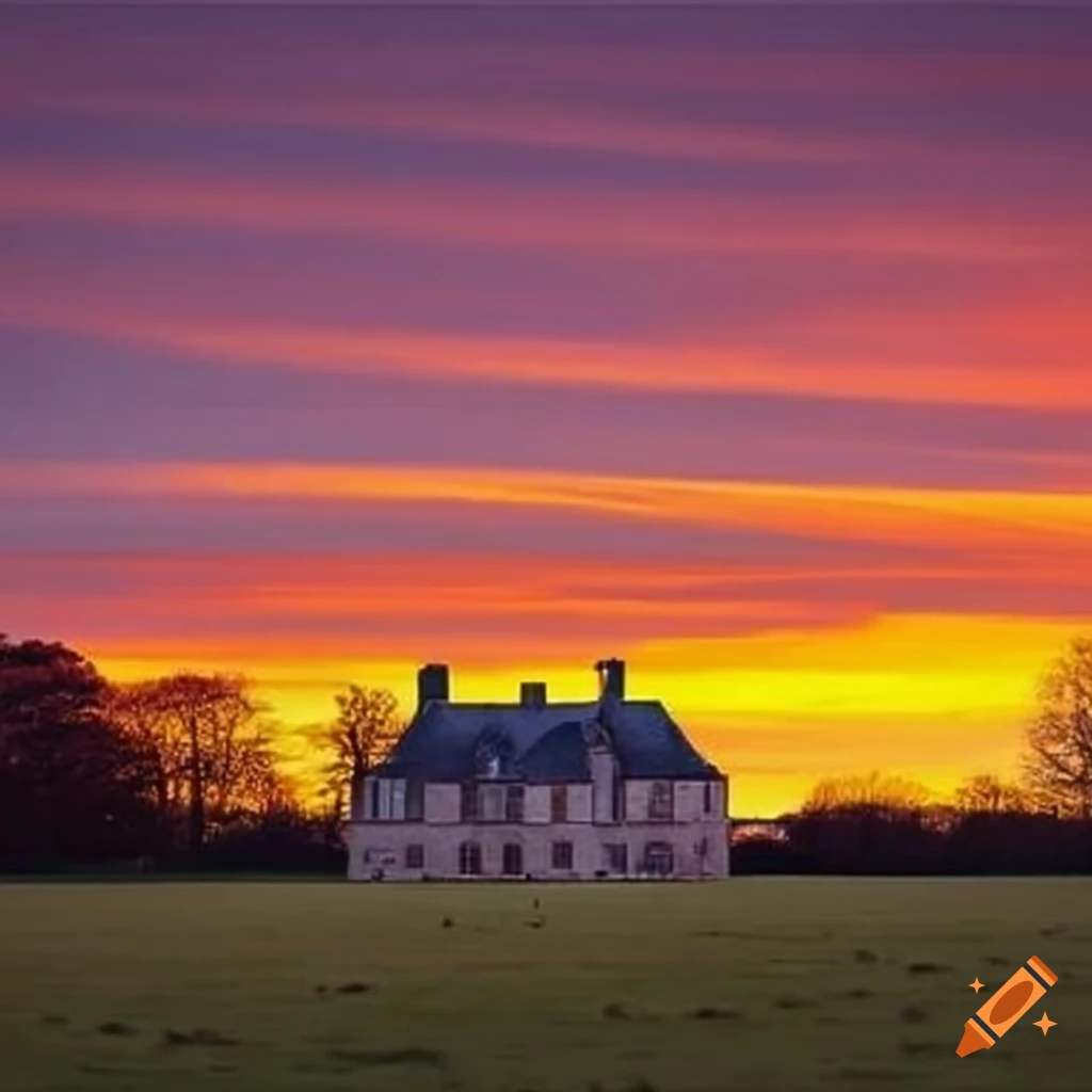 Beautiful sunset view from an english country home on Craiyon