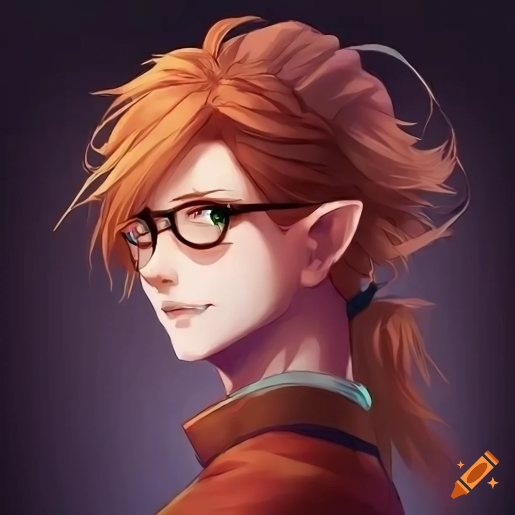 Ginger elf guy with glasses and long hair in a library on Craiyon