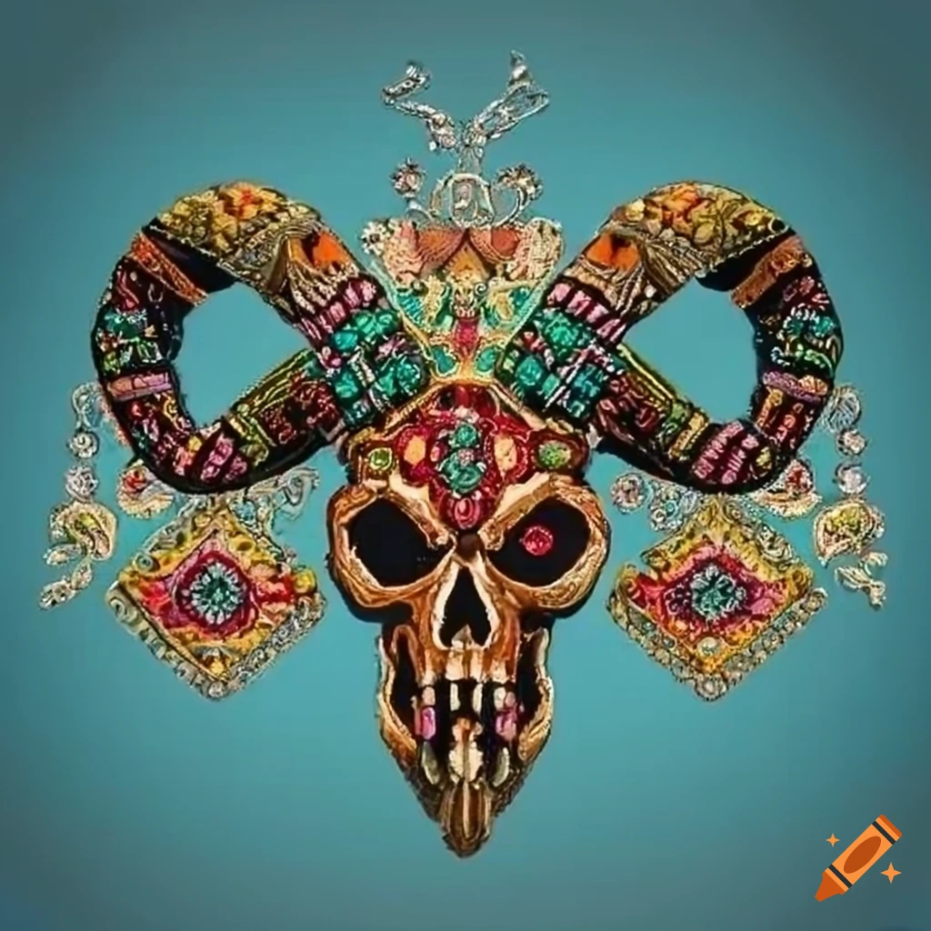 Intricately detailed aztec-style embroidered ram's skull with precious ...