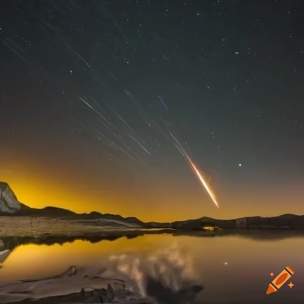 Meteors striking a tranquil lake under a starry night sky on Craiyon