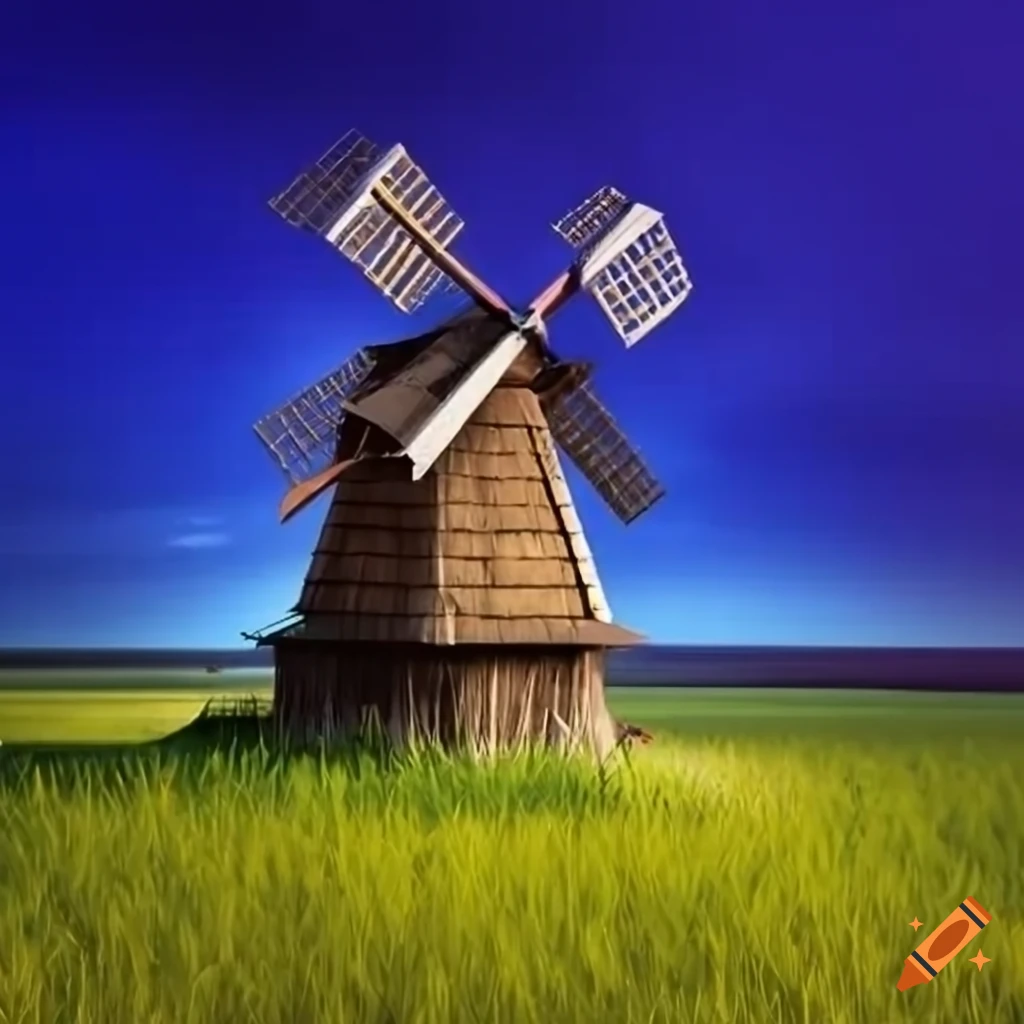 Elegant wooden windmill in a meadow under bright contrast lighting on ...
