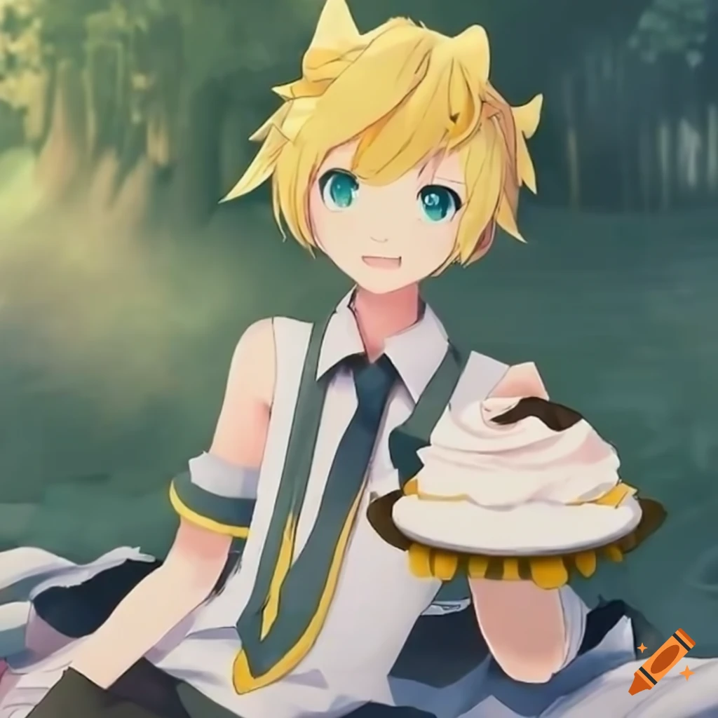Len Kagamine with a whipped cream pie at a picnic on Craiyon