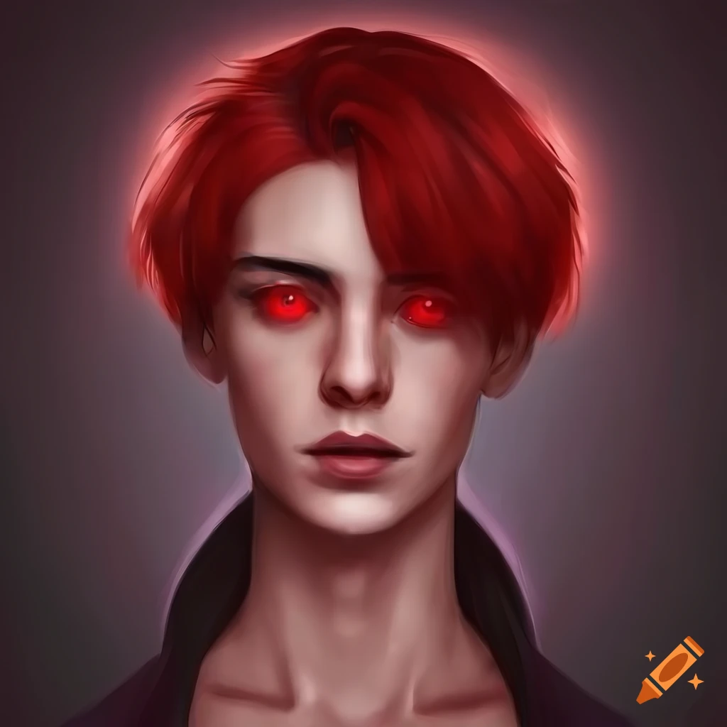 Androgynous red deity with glowing eyes and dark red hair in detailed ...