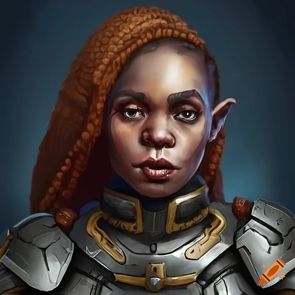 Realistic portrait of a black female dwarf in futuristic armor on Craiyon