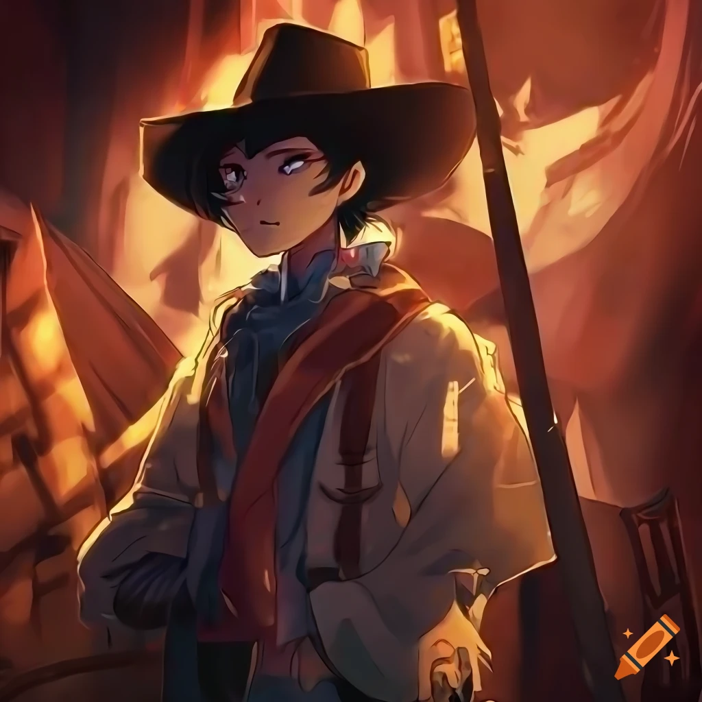 Anime artwork of a cowboy working on a computer on Craiyon