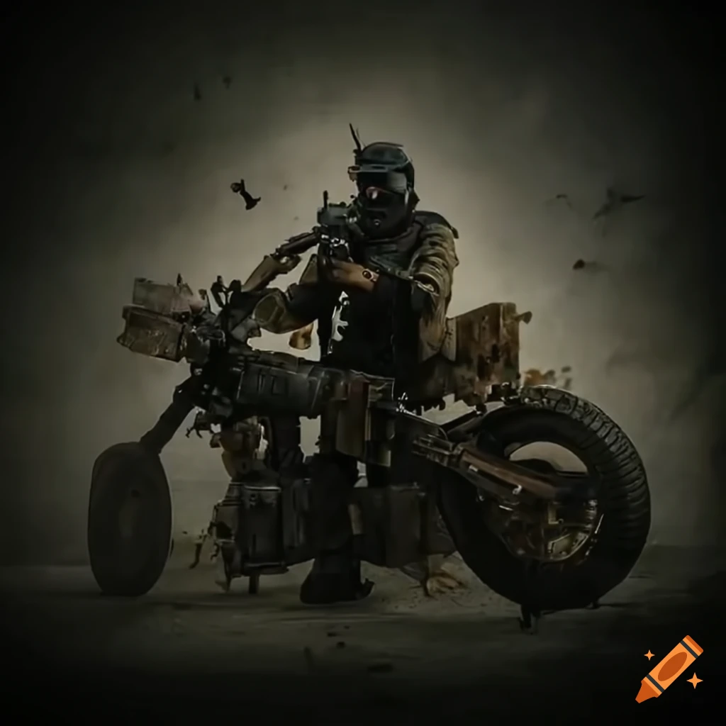 Rugged antagonist on a motorbike with futuristic gun in post ...