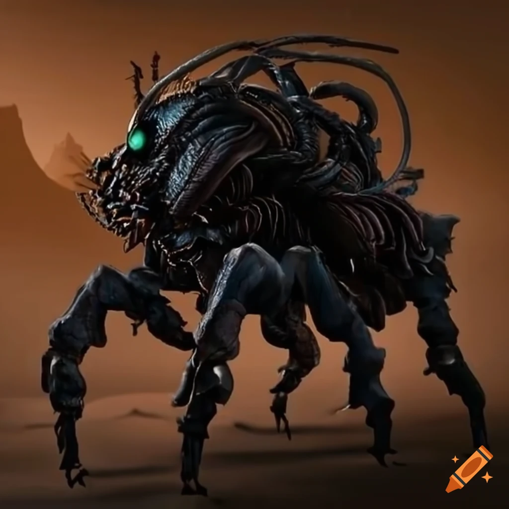 Dark mechanical insect guarding a desert apple style on Craiyon