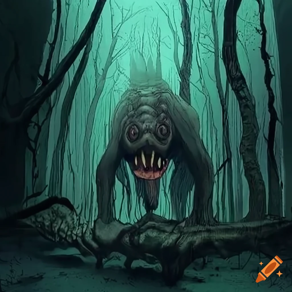 Dark and foreboding forest with a terrifying tree monster lurking on ...