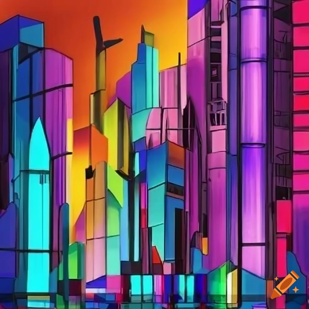 Future world city in cubism style with strong bright colors on Craiyon