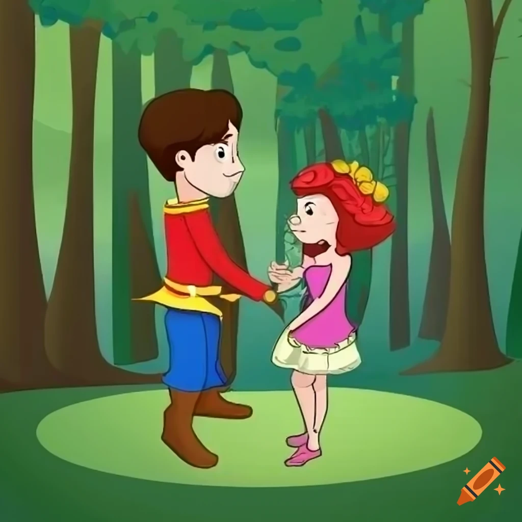 Cartoon prince proposing to a girl in a forest on Craiyon