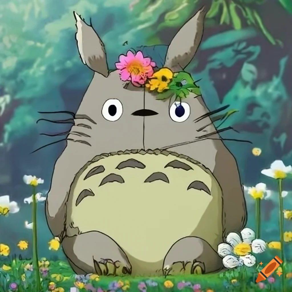 Totoro wearing a flower crown in a field of flowers on Craiyon