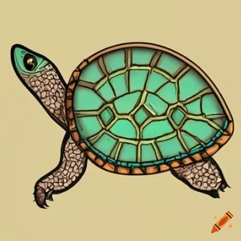 Art deco style drawing of a green and brown turtle on Craiyon