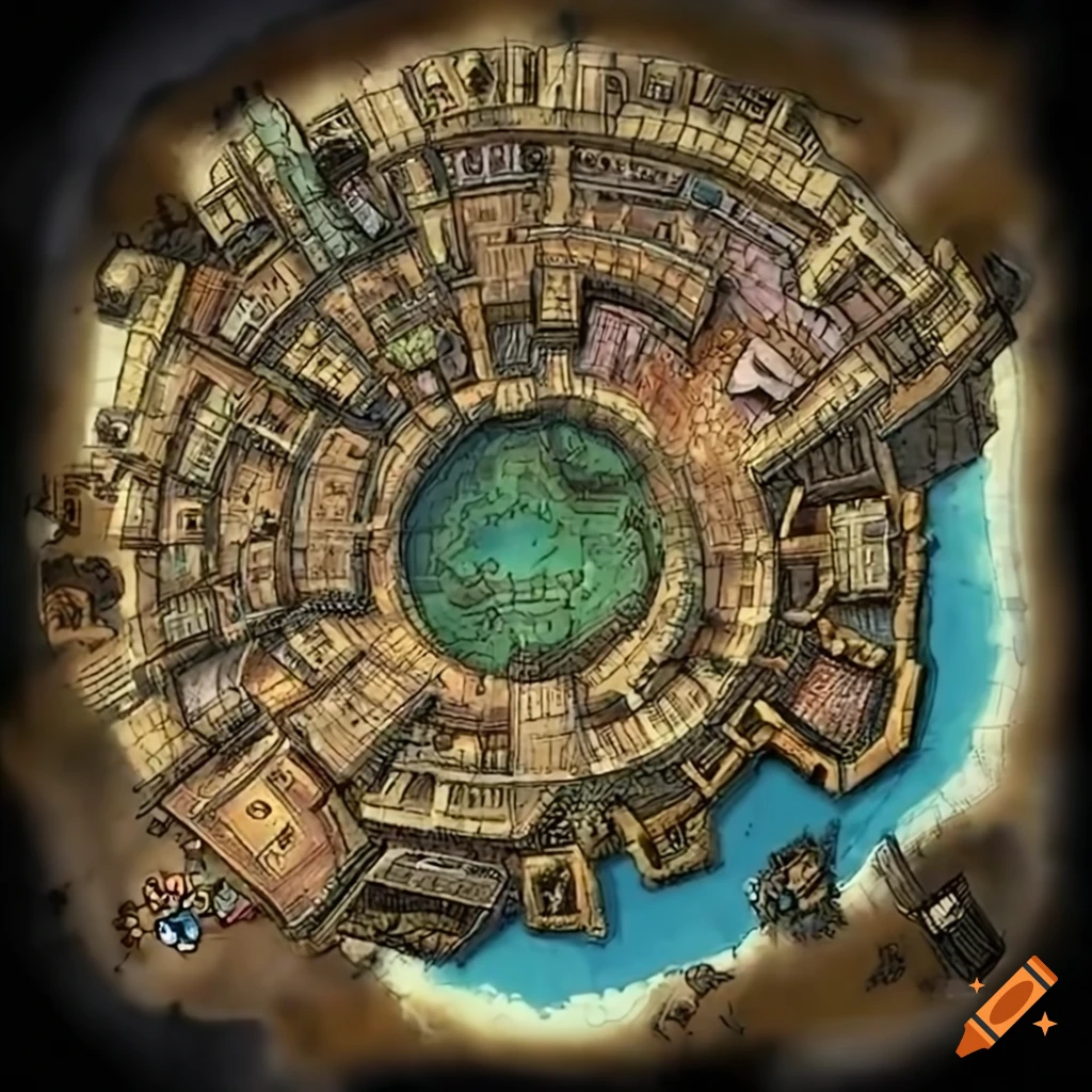 Detailed circular fantasy city map for dungeons and dragons on Craiyon