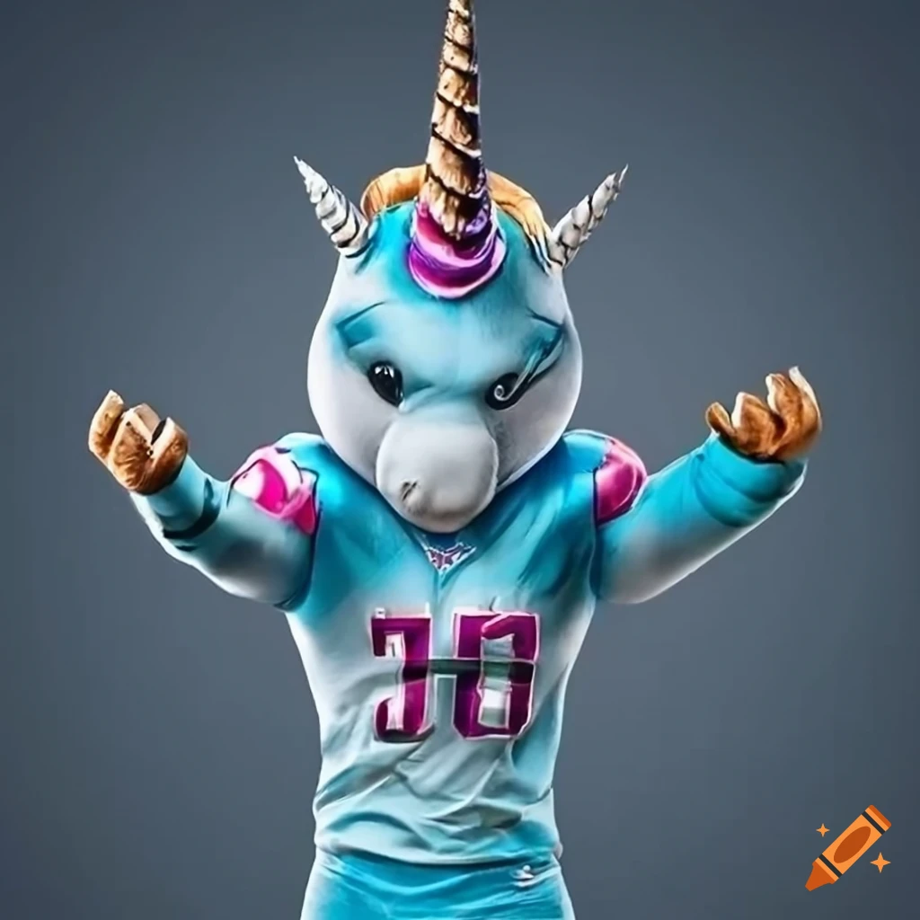 Unicorn football mascot with number 27 jersey in hyper realistic style ...