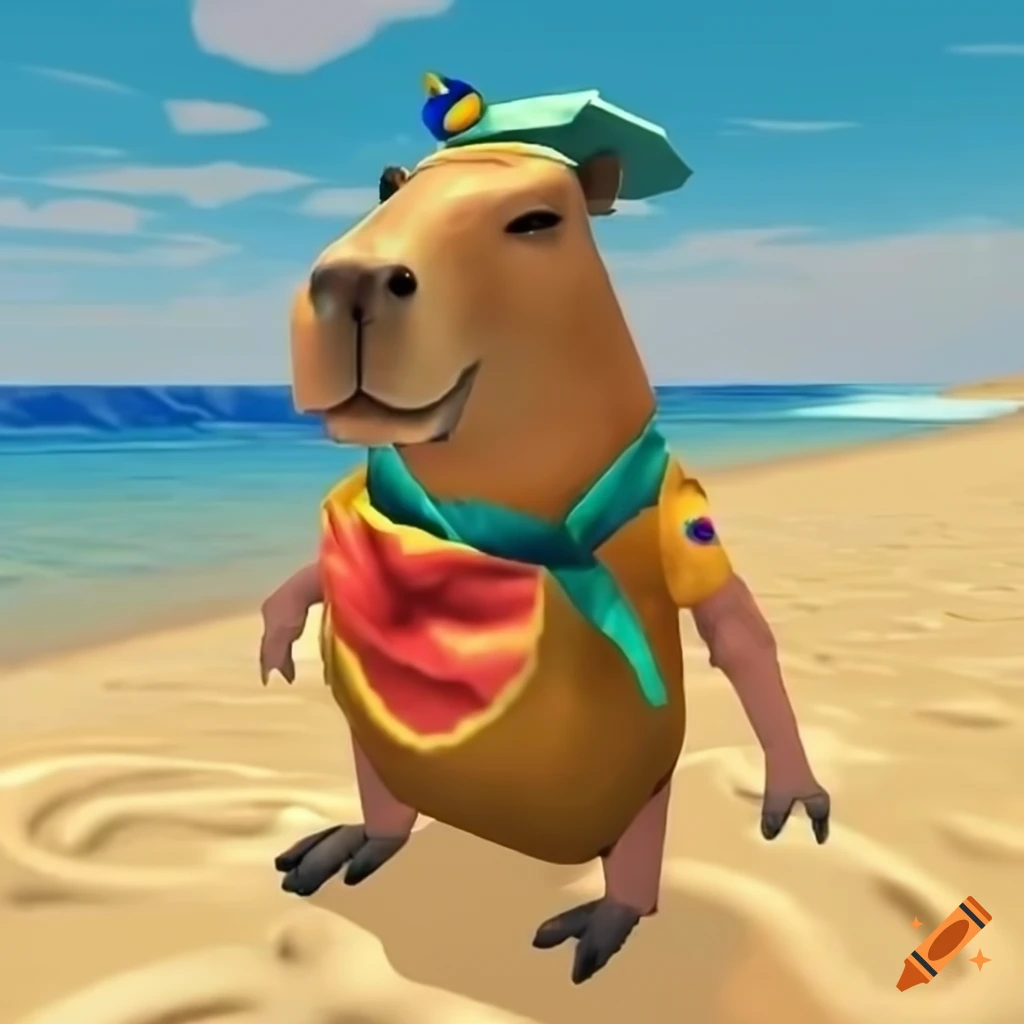 Humanoid capybara in scout clothes on the beach with a Nintendo 64 on ...