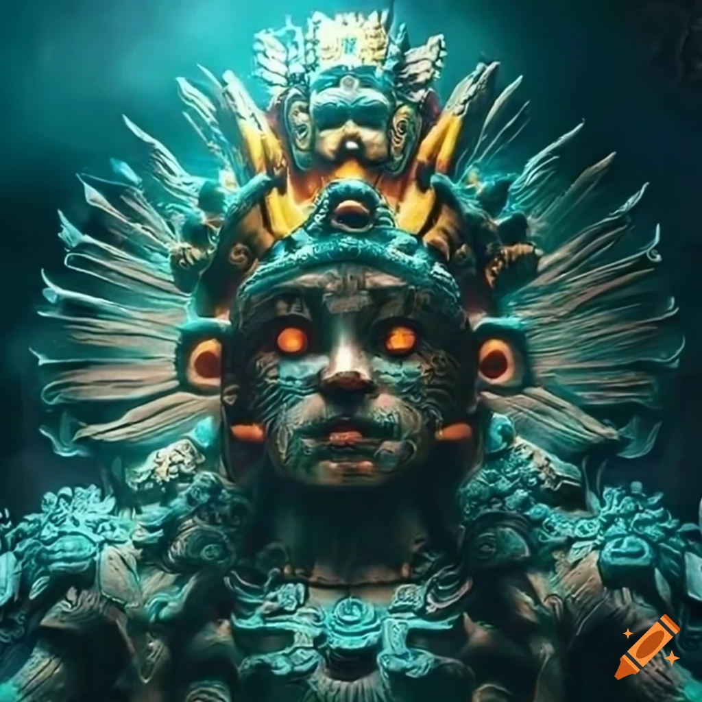 Ancient aztec deity awakening in a temple with immense power on Craiyon