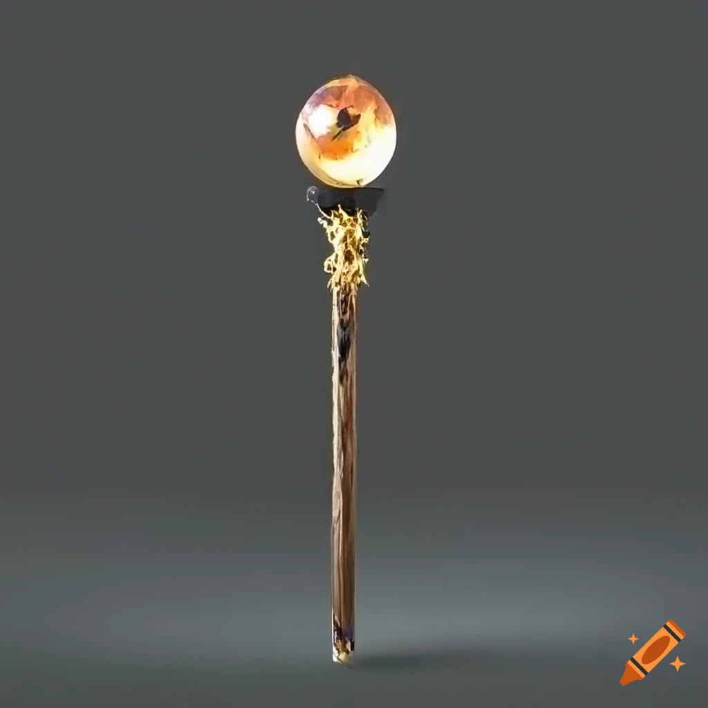 Long black wood magic wand with flaming crystal sphere and gold accents ...