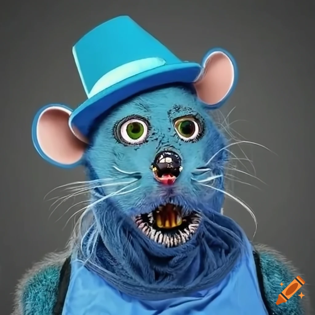 Blue animatronic rat with green hat, vest, and scarf on Craiyon
