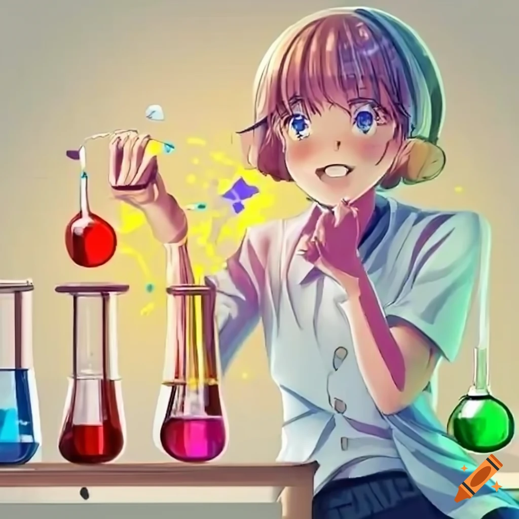 Chemistry student juggling colorful laboratory glassware on Craiyon