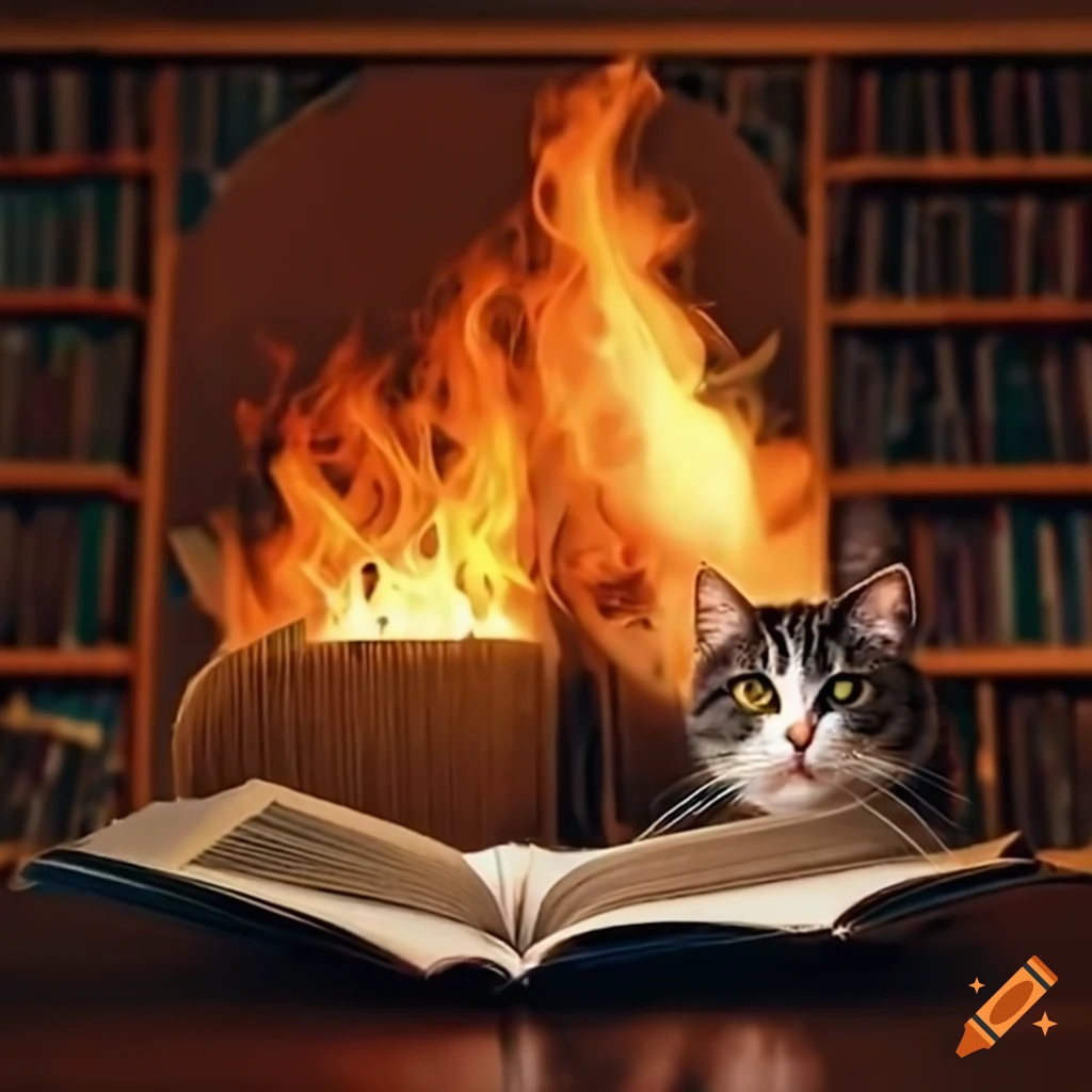 Cat studying in a library on fire on Craiyon