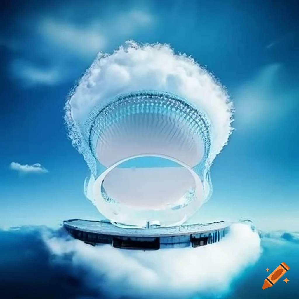 Building floating in the clouds with crystal staircase and arch ...