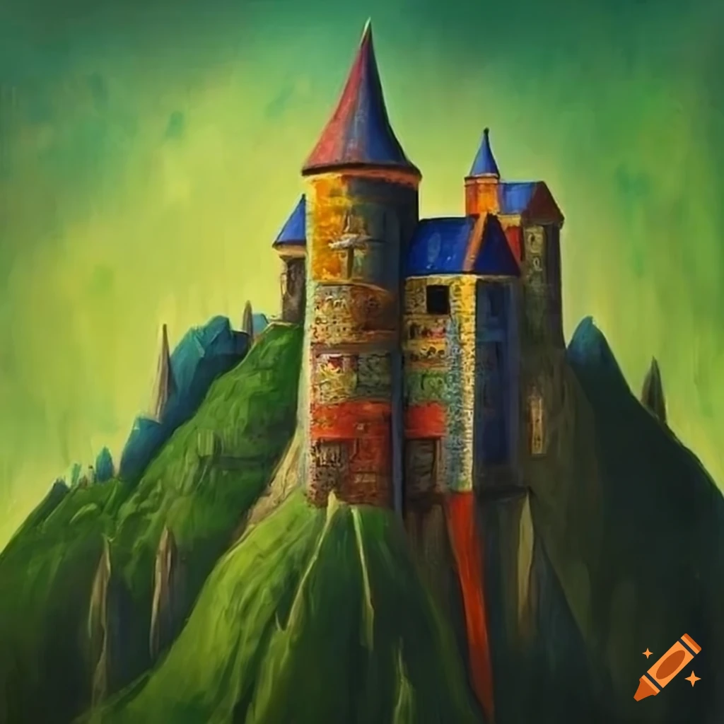 Medieval abstract patchwork castle on a green mountain on Craiyon