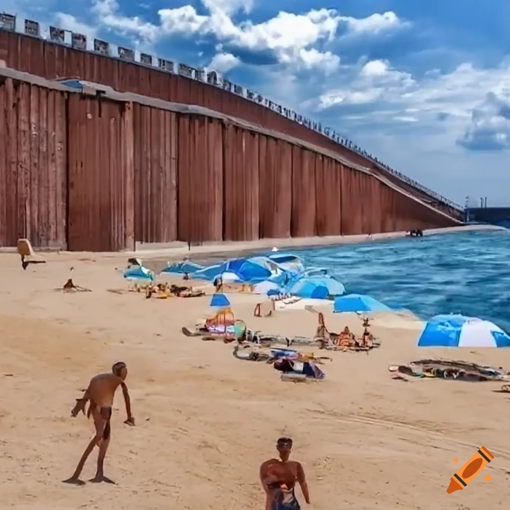 Sunny beach surrounded by prison walls on Craiyon
