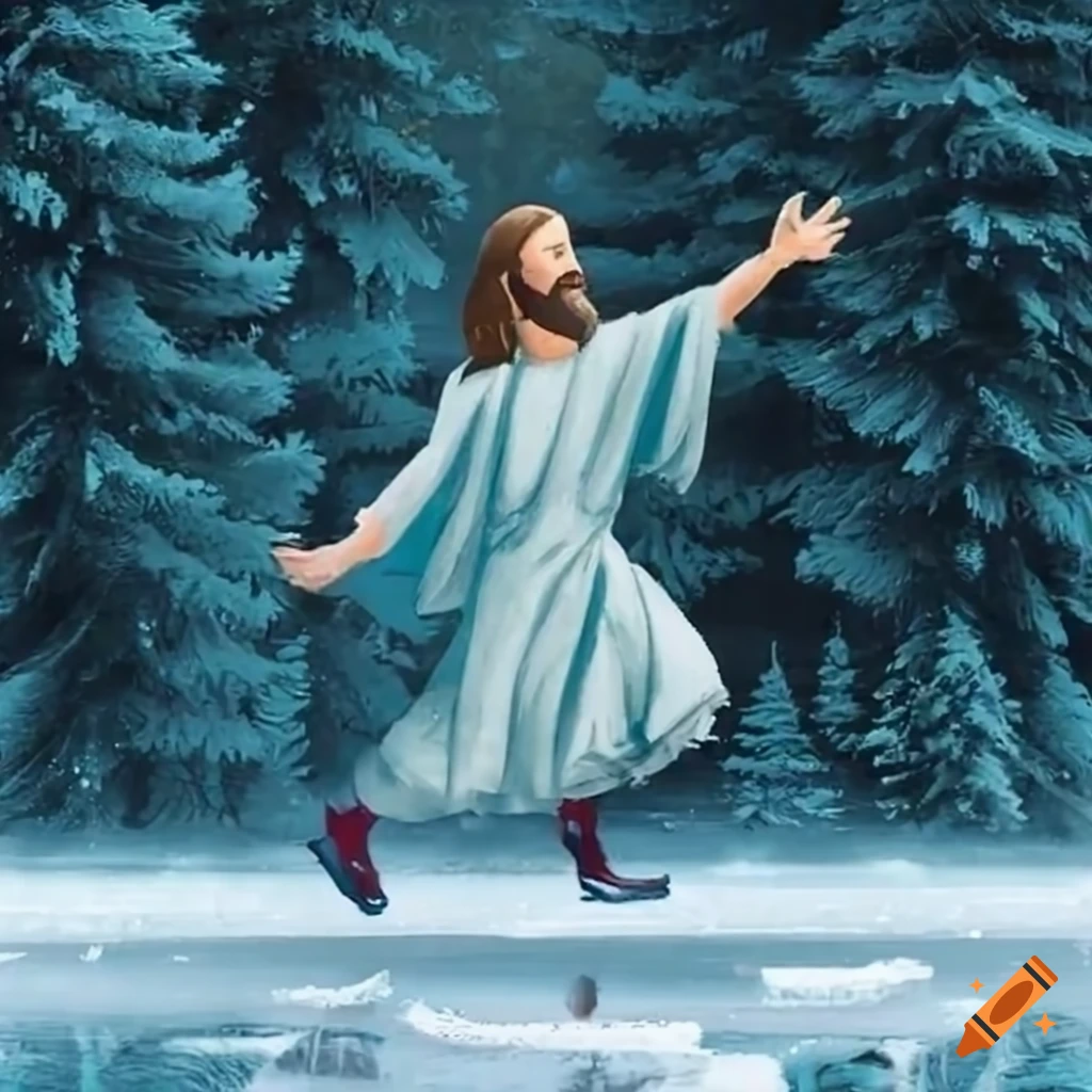 Jesus ice skating on a frozen pond surrounded by fir trees on Craiyon