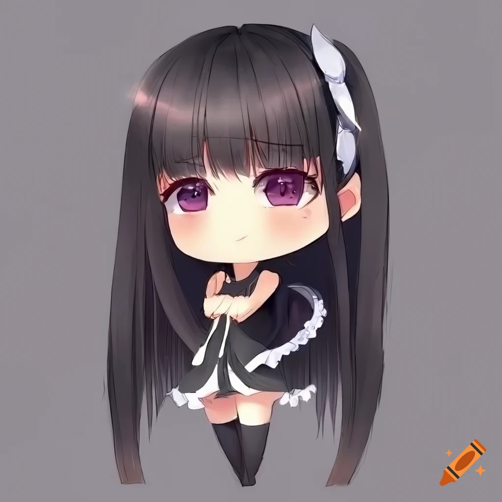 Cute kawaii anime chibi girl with long black hair in all black clothing ...