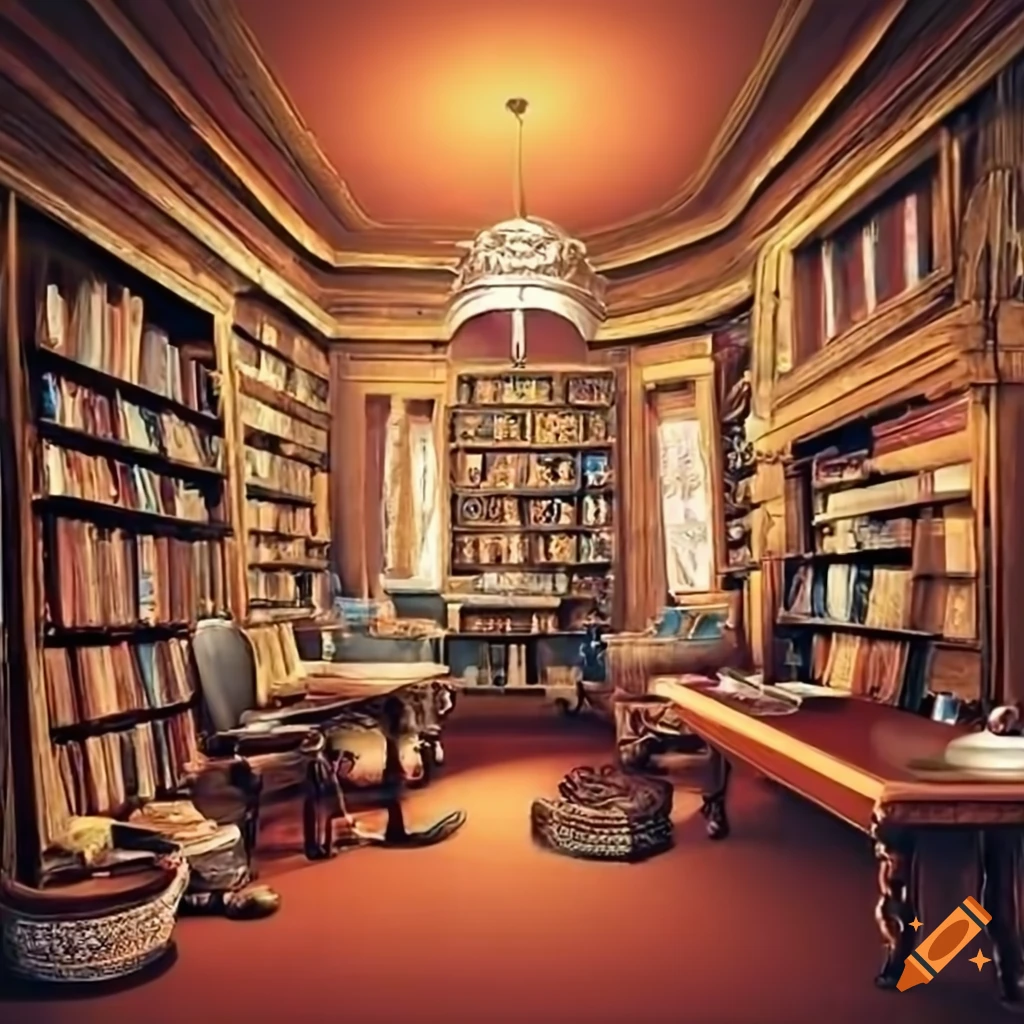 Study room with books, scrolls, artifacts, and a large desk on Craiyon