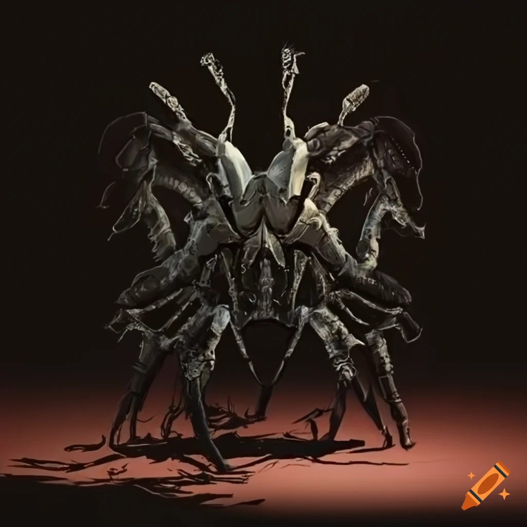 Dark mechanical insect guarding a desert landscape with an apple twist ...