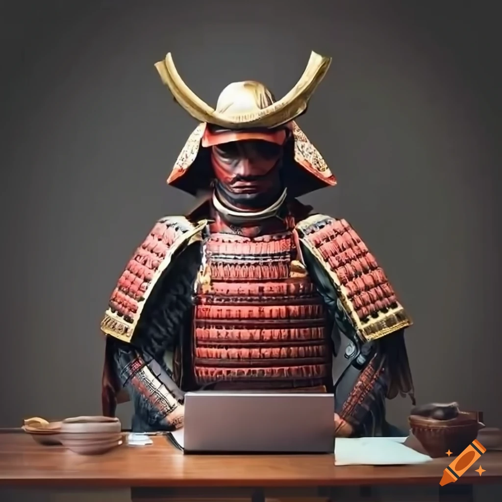 Samurai in armor sitting at a modern desk with a laptop on Craiyon