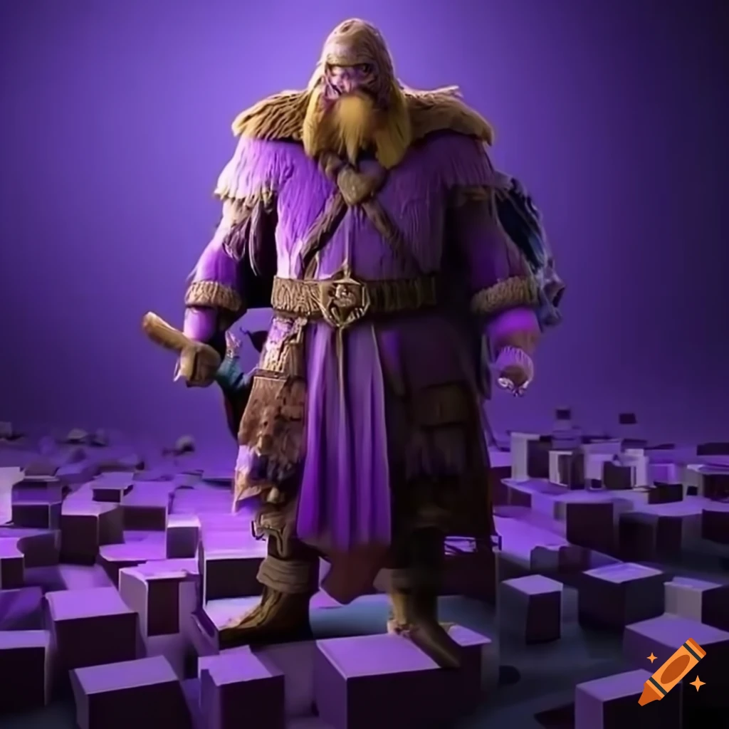 Animated viking in valhalla surrounded by purple 3d cubes on Craiyon
