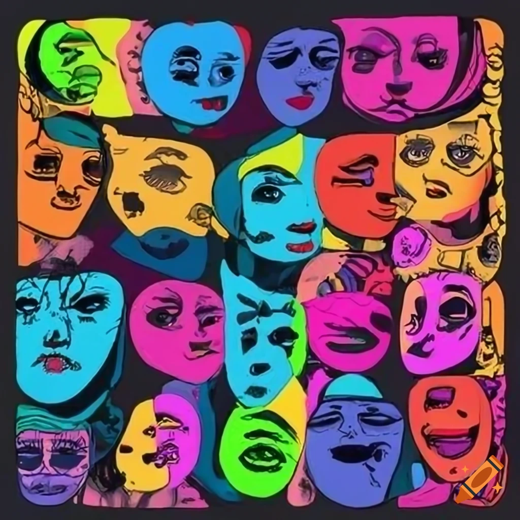 Mixed graphic art social media screen with colorful faces on Craiyon