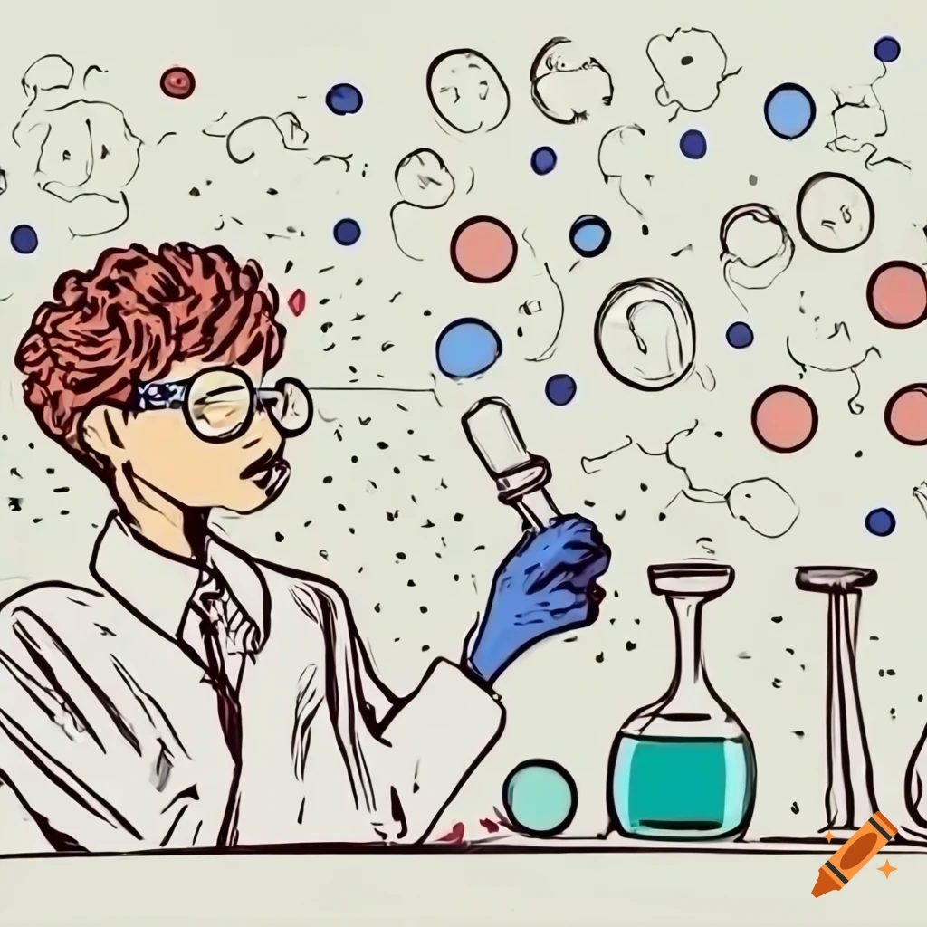 Chemistry student juggling colorful laboratory glassware in a fun comic ...