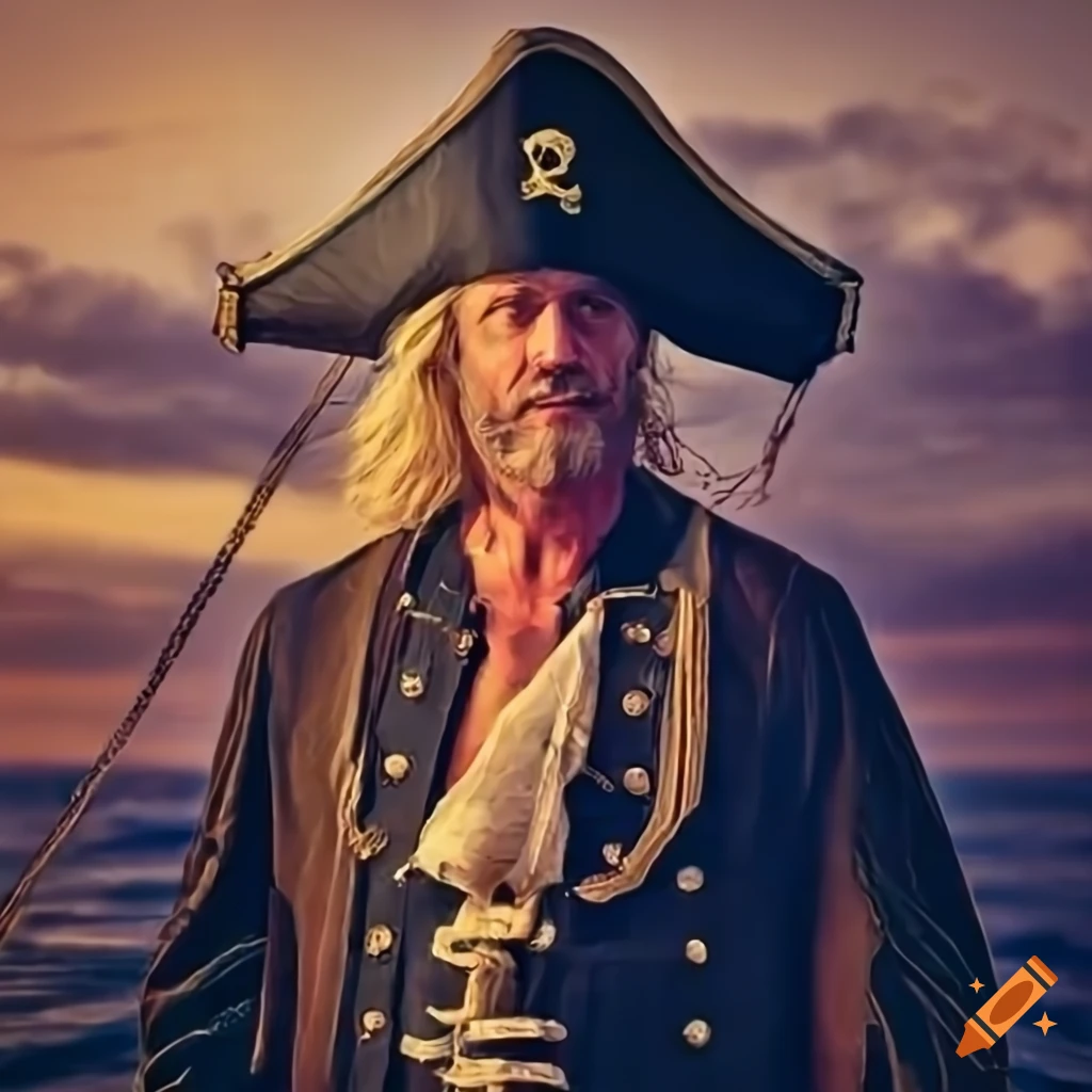 Mid-aged male pirate captain with blonde hair on a ship on Craiyon