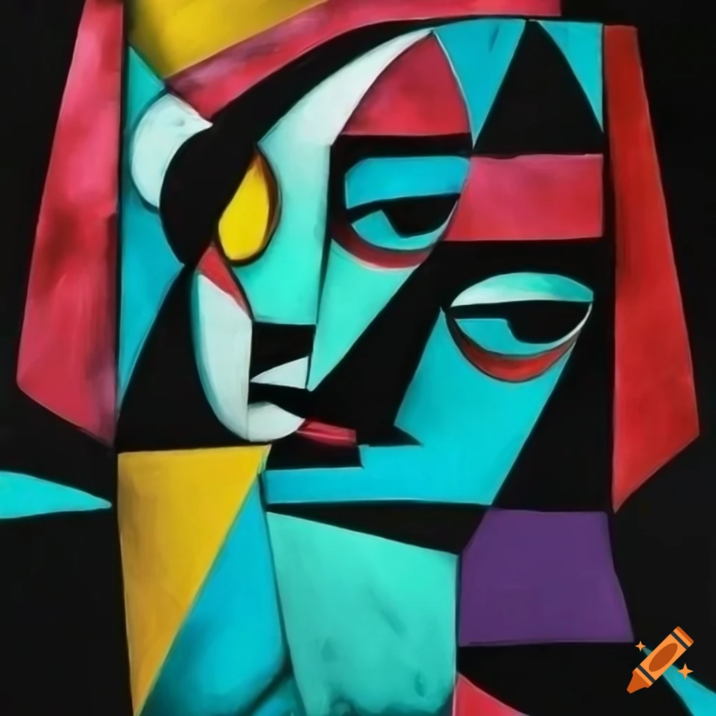 Surrealistic cubist black and white doodles with red, yellow, turquoise ...