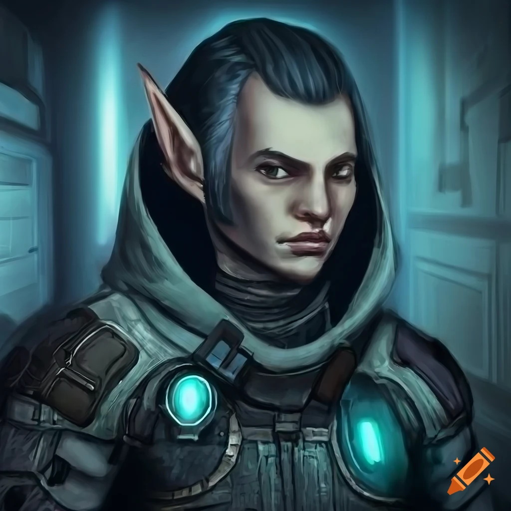 Detailed portrait of a male elf infiltrator with night vision goggles ...
