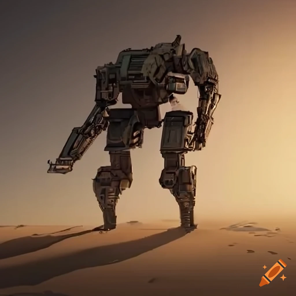 Futuristic armored war machine in post-apocalyptic desert on Craiyon