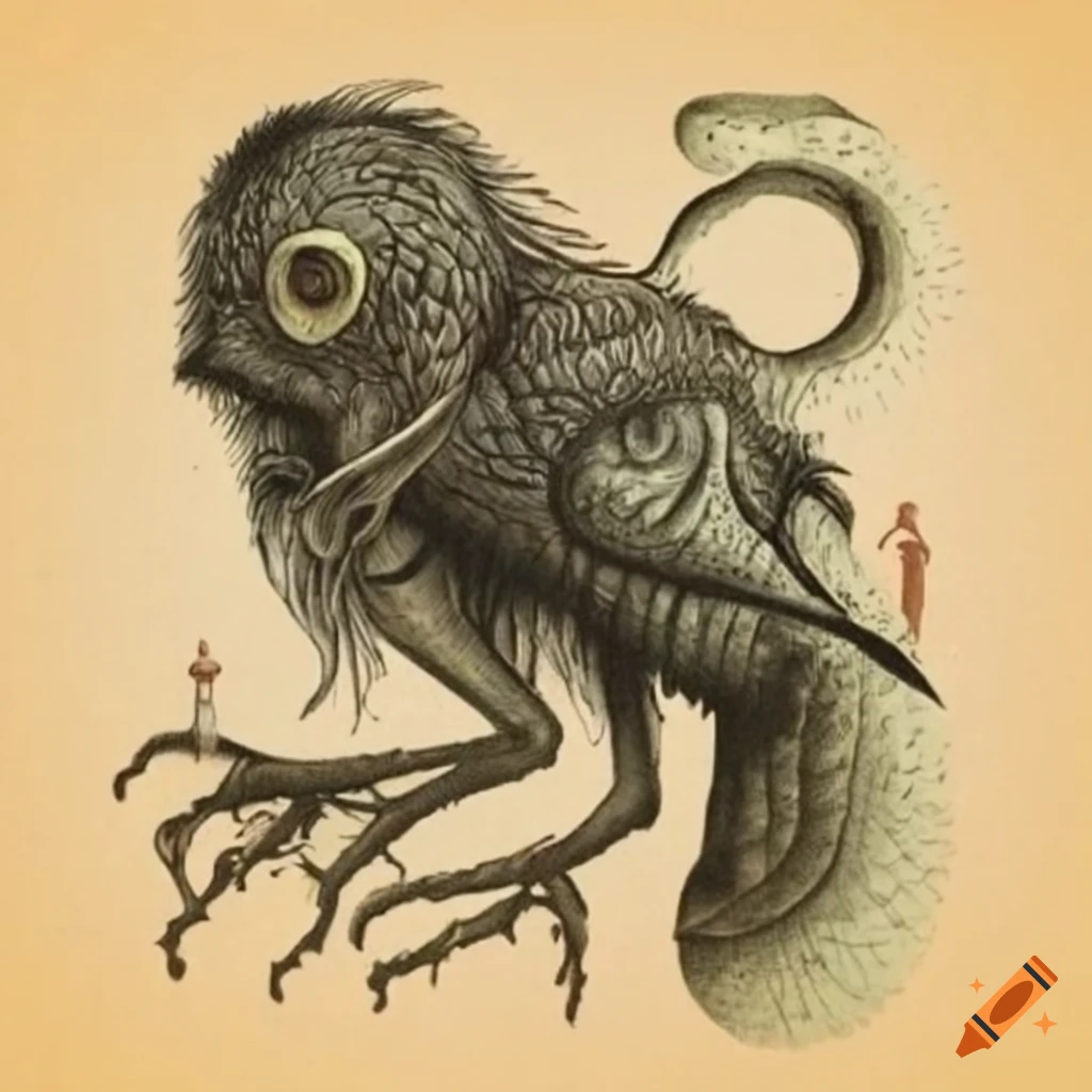 Illustrations of strange and unknown creatures from an antique science book on Craiyon