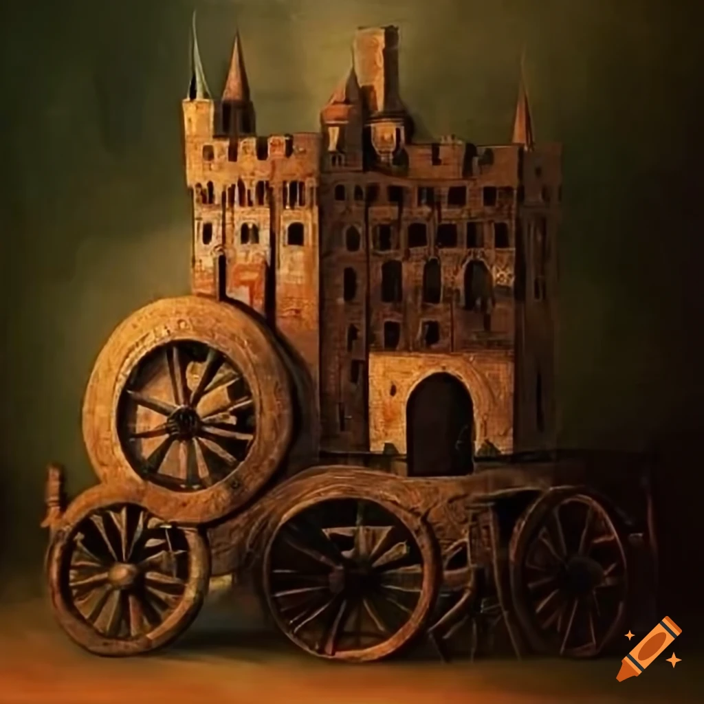 Medieval painting of patchwork castle on wheels pulled by a fox on Craiyon