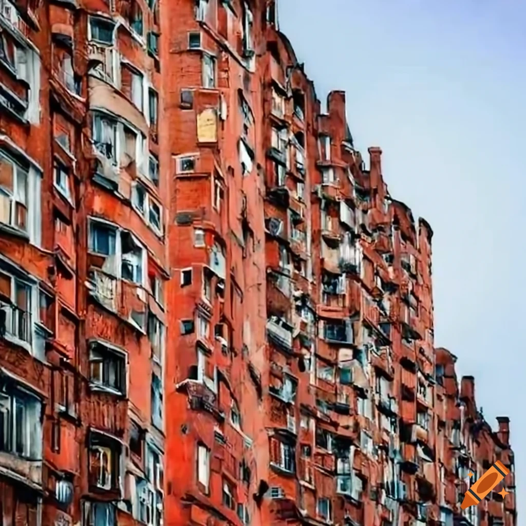 Soviet-era residential building with red brick facade on Craiyon