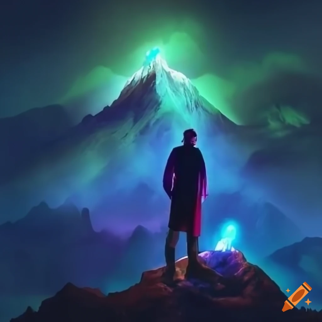Scientist on mountain peak holding glowing mineral in epic fantasy ...