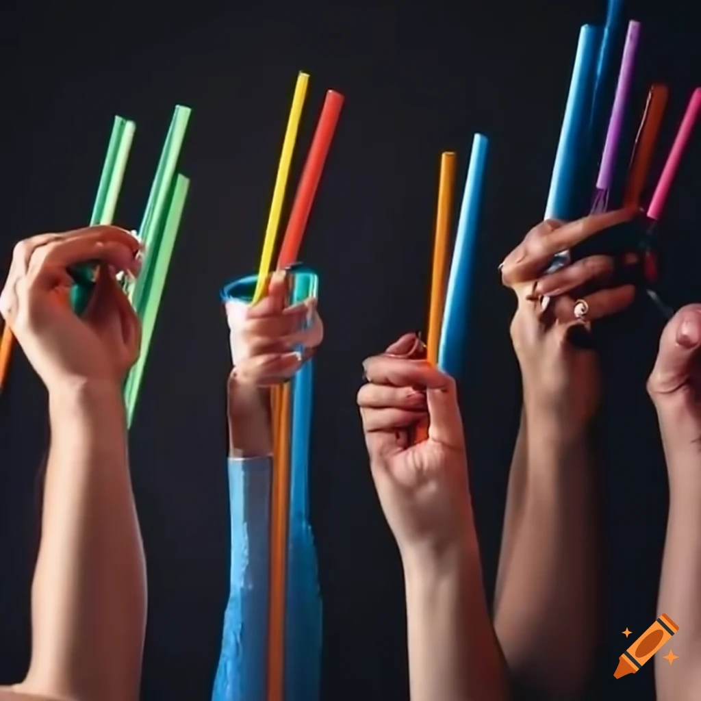 Hands pulling song straws out of a cup on Craiyon