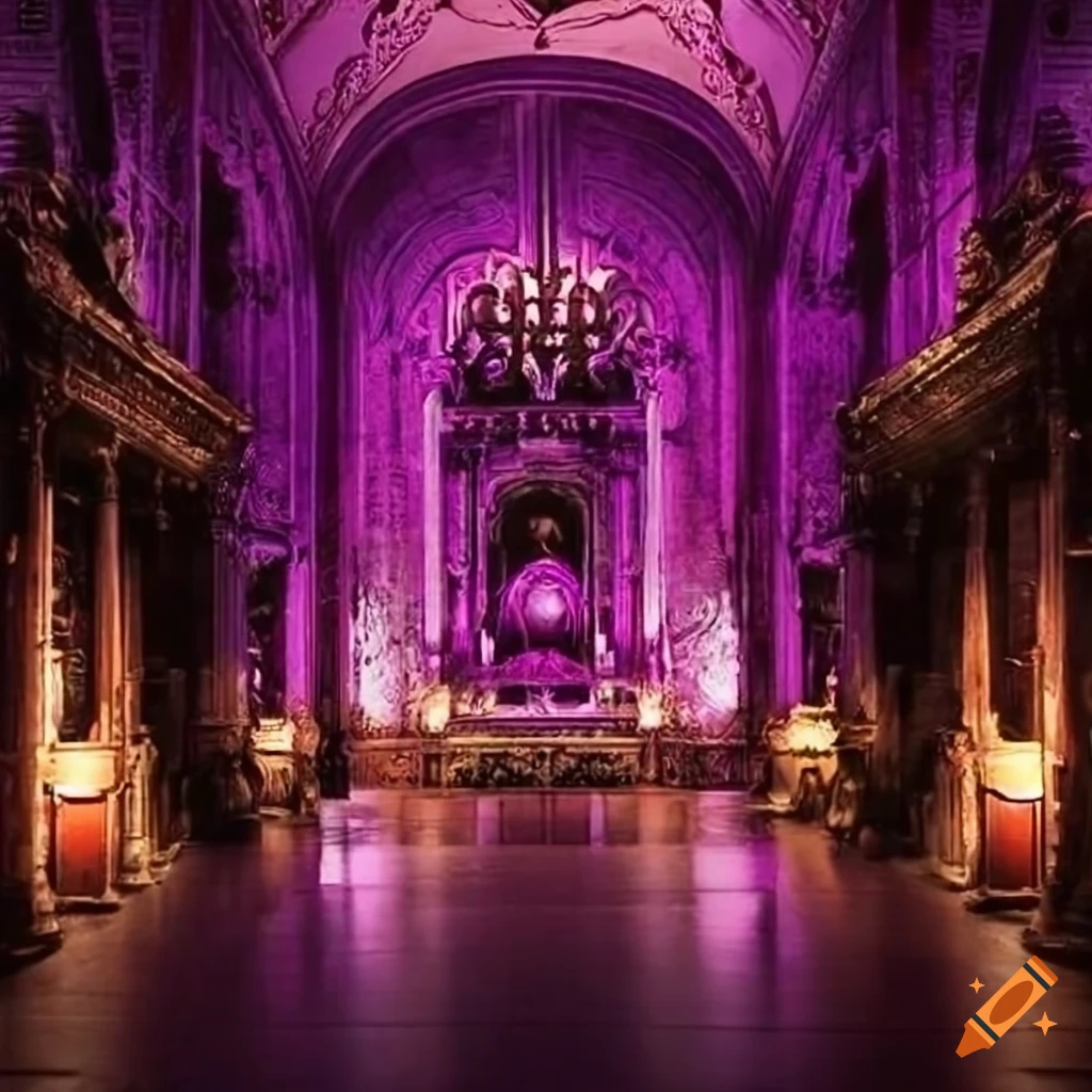 Murder mystery scene in a purple-hued great hall on Craiyon