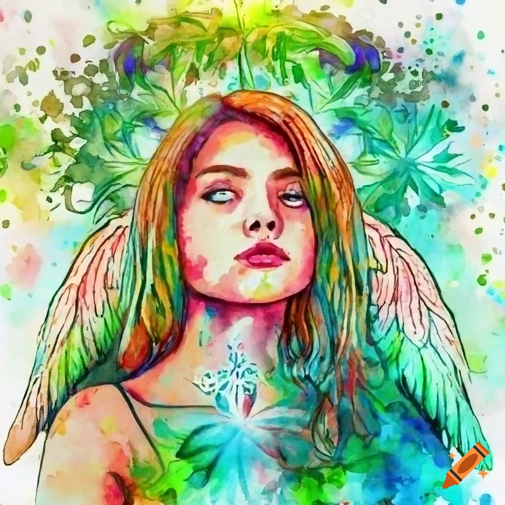Young woman angel in a marijuana farm with head in hands on Craiyon