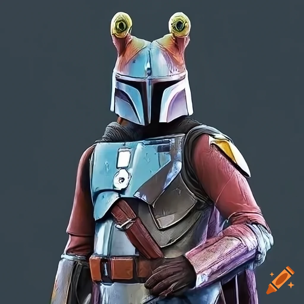 Jar jar binks pondering in mandalorian armor on Craiyon