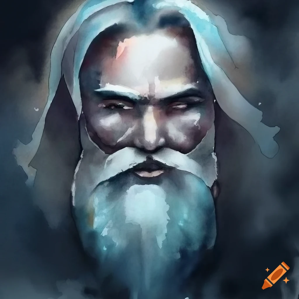 Ethereal watercolour art of a friendly grey man with black eyes and ...