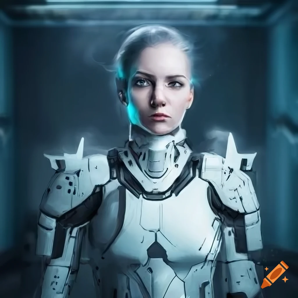 Female medic in futuristic armor standing in spaceship hallway on Craiyon